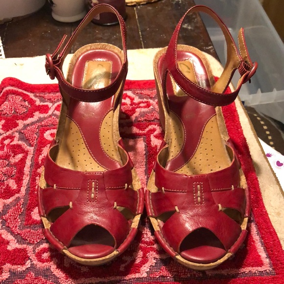 Clarks | Shoes | Clarks Artisan Red Cork Wedge Sandals | Poshmark
